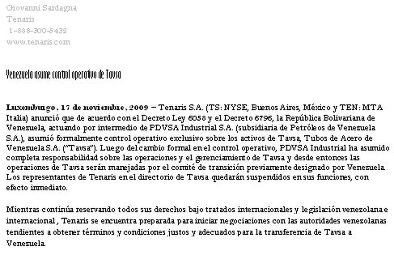 El Gobierno de Venezuela tomó el control de Tavsa, una empresa de Tenaris